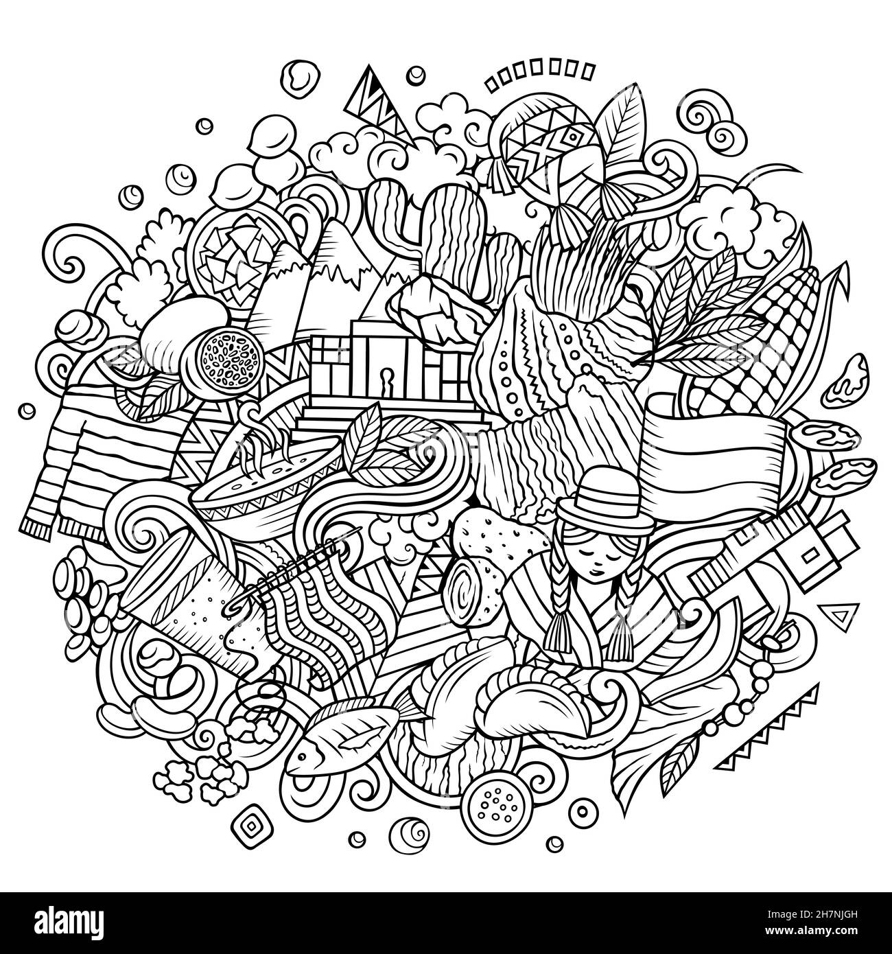 Bolivia hand drawn cartoon doodles illustration. Funny travel design. Creative Bolivian vector ...