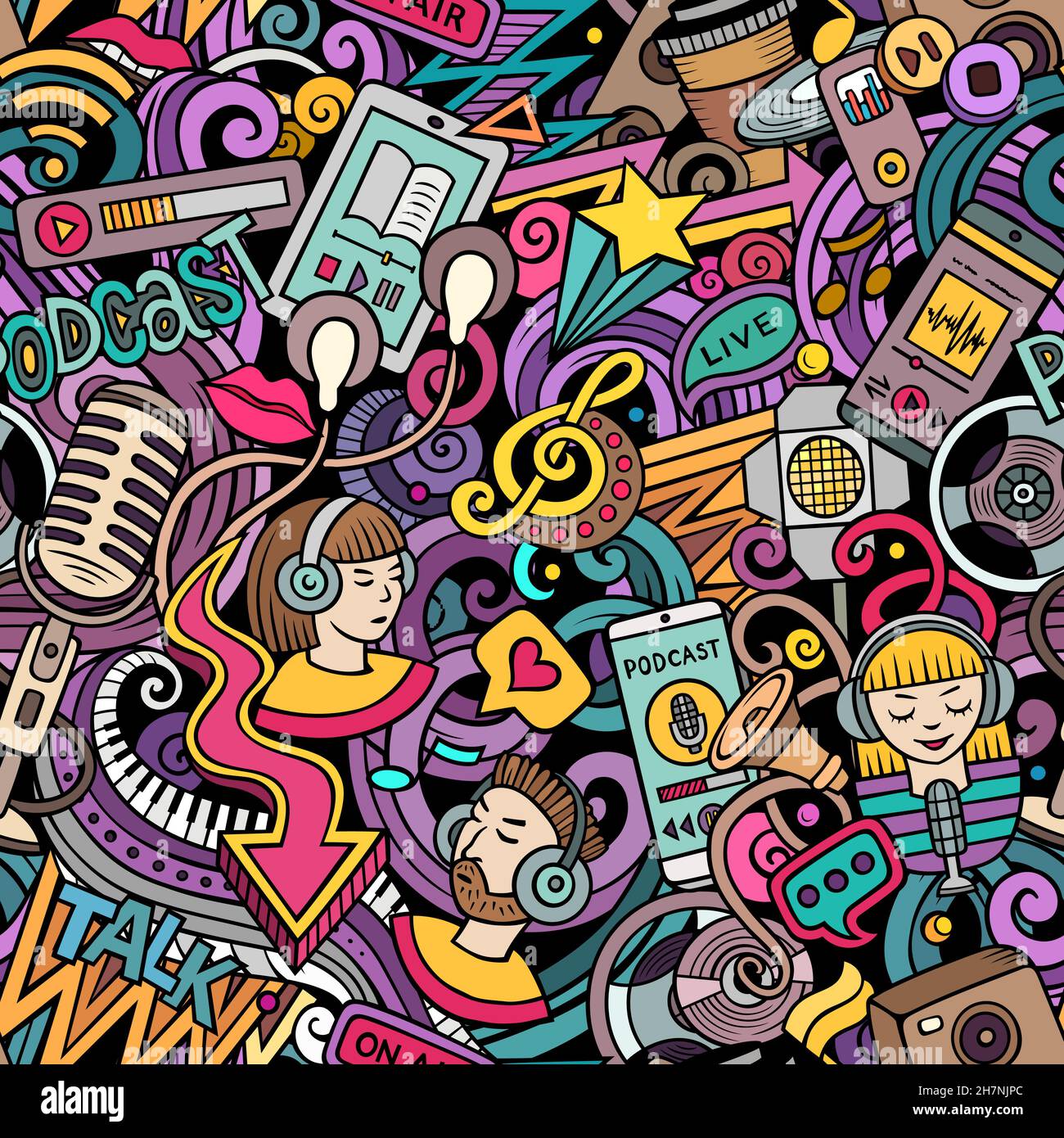 Cartoon doodles Audio content seamless pattern. Backdrop with podcasts ...