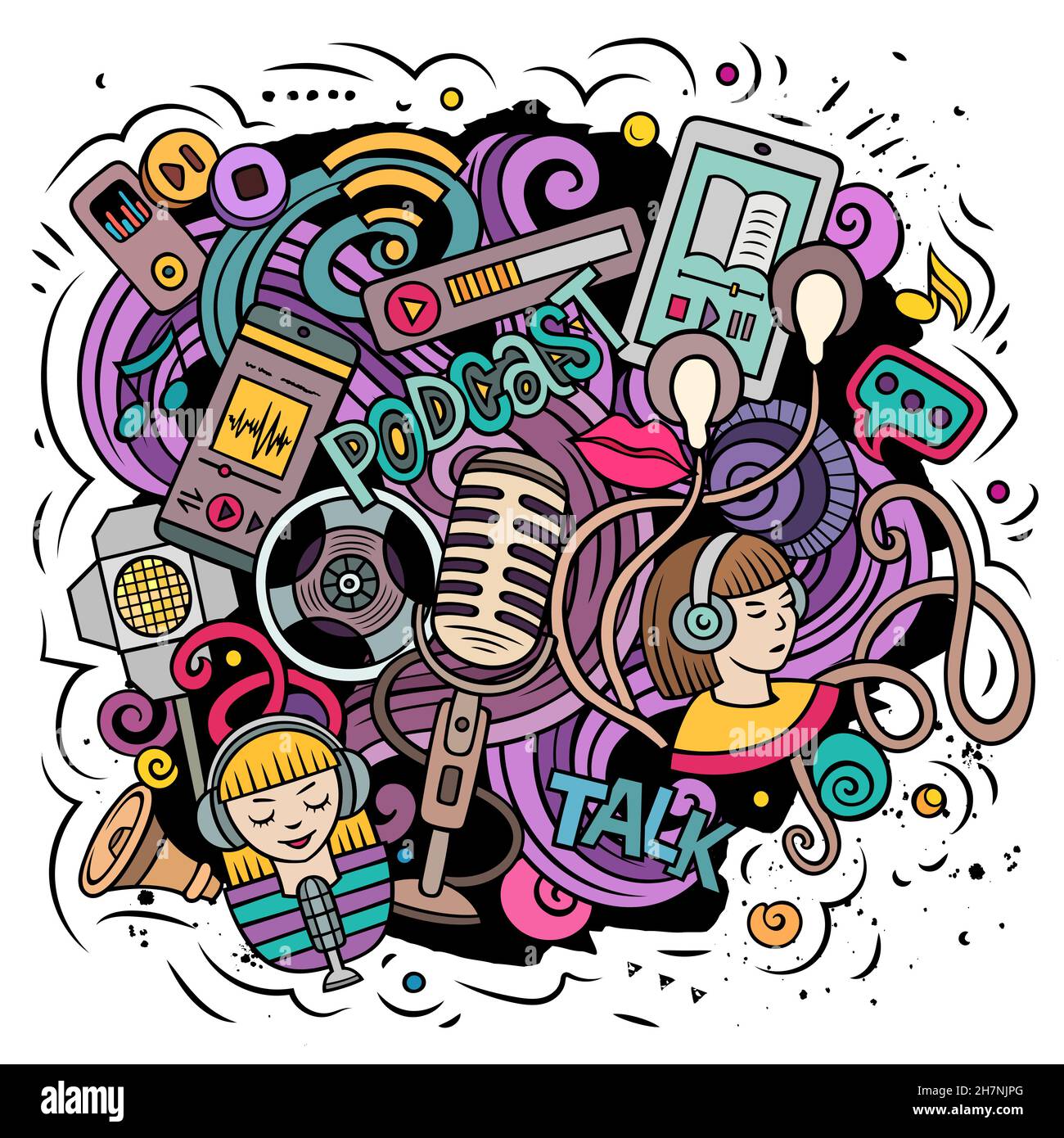 Audio content cartoon doodles illustration. Creative funny vector ...