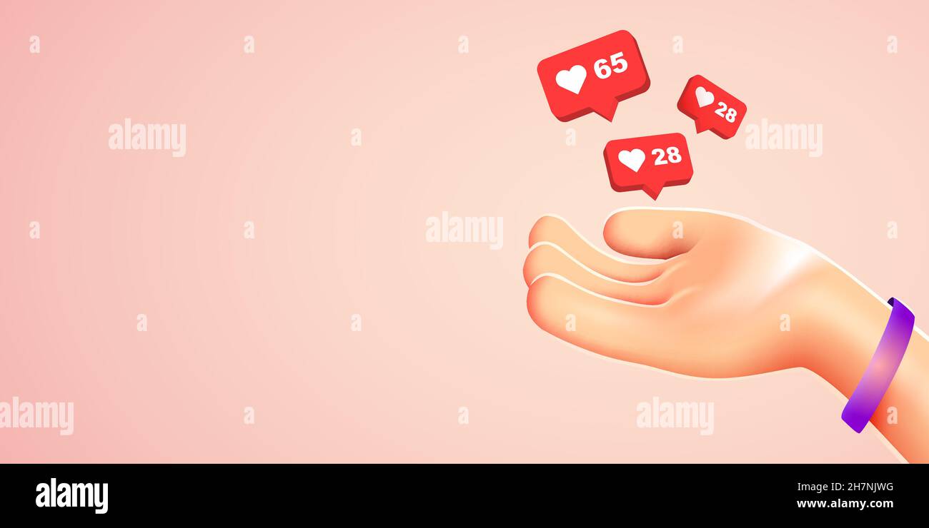 Cartoon hand hold flying like signs. Social media marketing, like ...