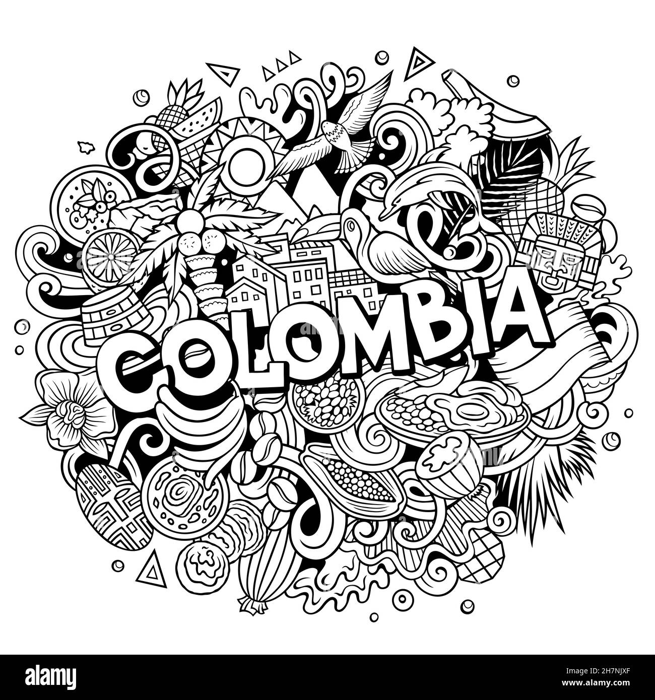 Colombia hand drawn cartoon doodle illustration. Funny Colombian design ...