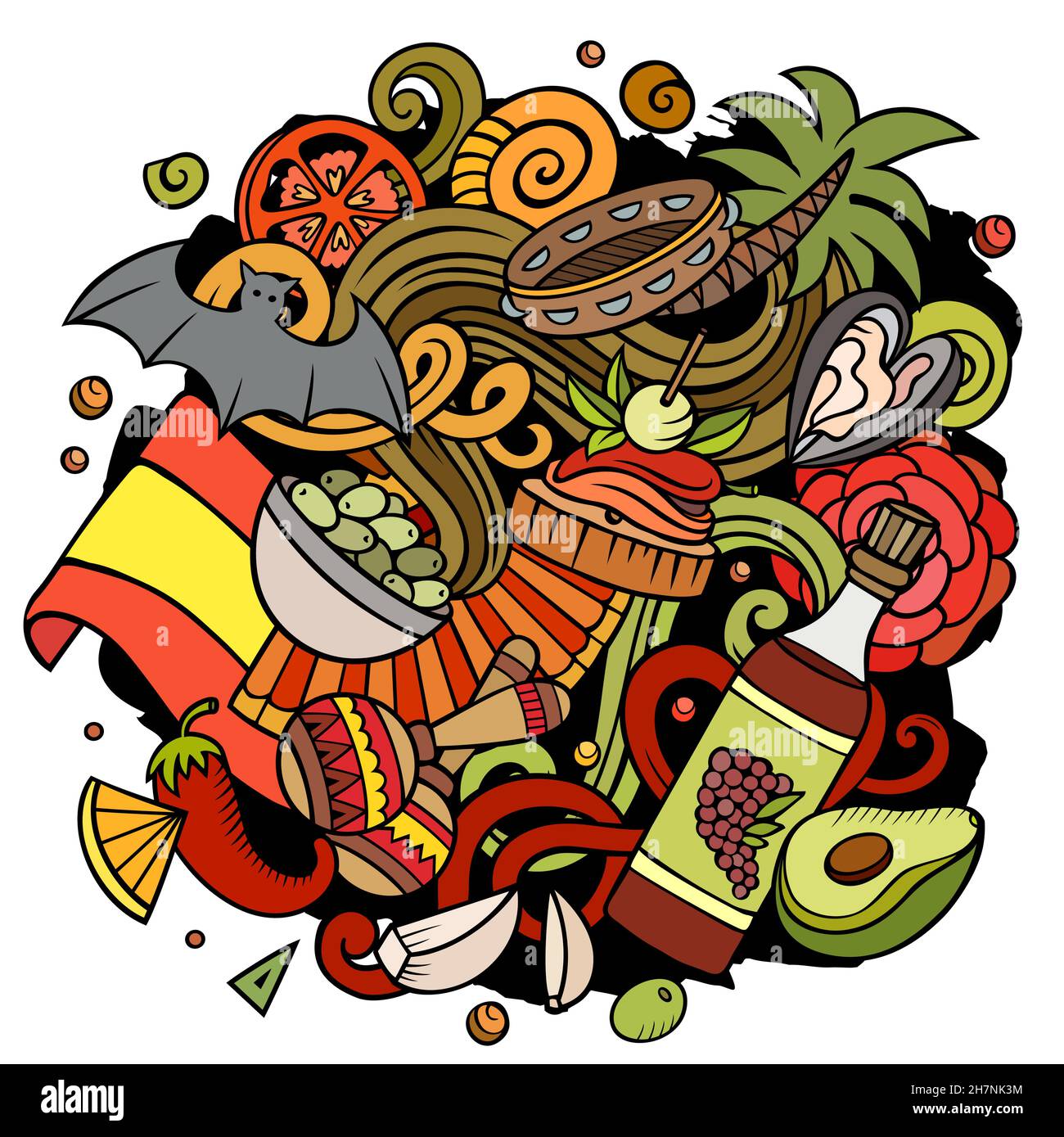 Spain hand drawn cartoon doodle illustration. Funny Spanish elements ...