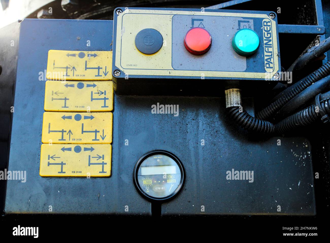 Madrid, Spain- November 14, 2021: Control panel on the side of a crane ...