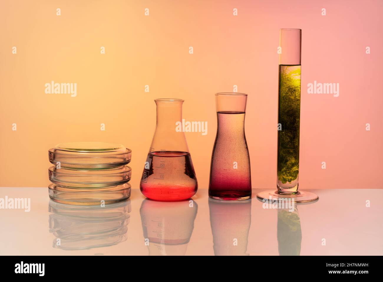 Medical or chemical background with laboratory equipment and liquids ...