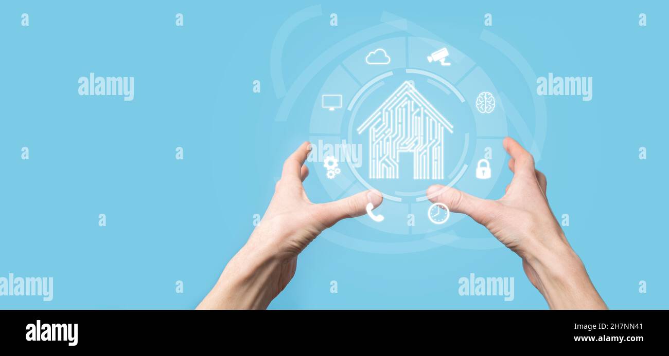 Hand hold house icon.Smart home controlled, intelligent house, and home ...