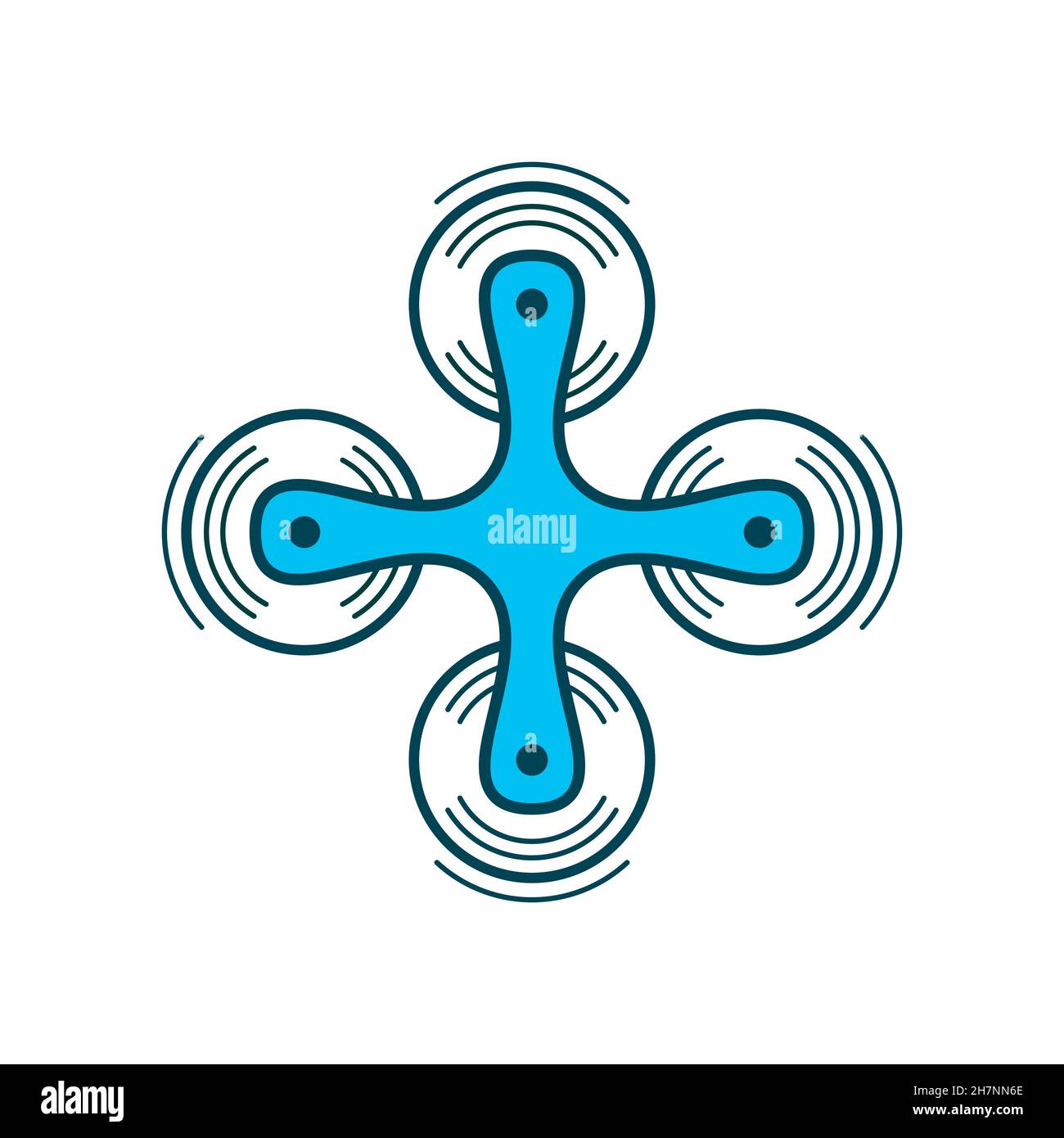 Blue drone top view icon. Flying drone with rotating blades (rotors ...