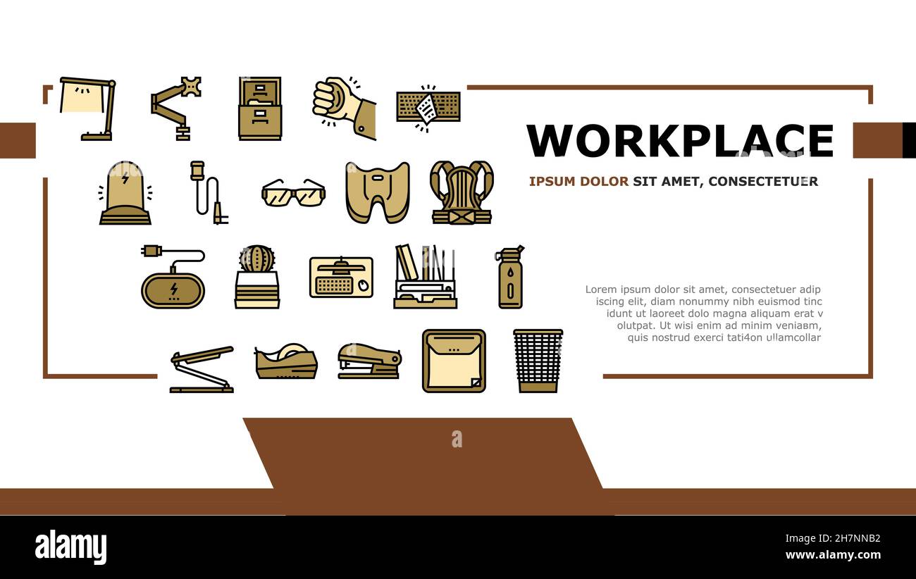 Workplace Accessories And Tools Landing Header Vector Stock Vector ...