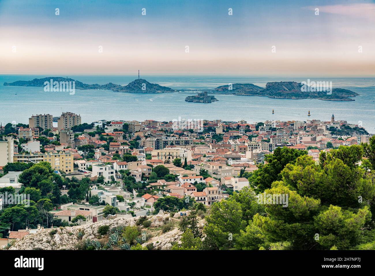 Old city of Marseille and famous If castle. City panorama Stock Photo ...