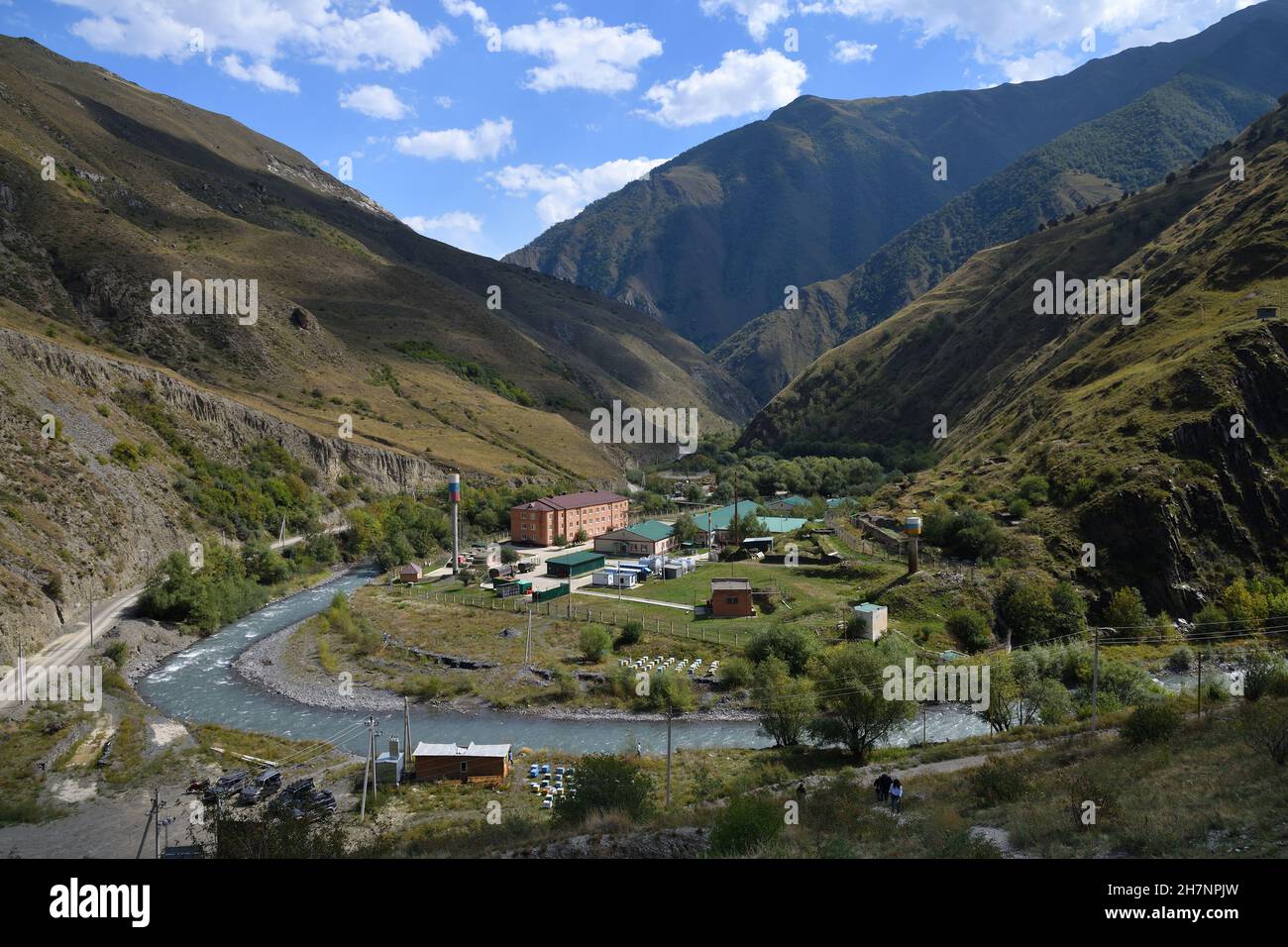 View from above on the Argun river in Caucasus mountains gorge and ...