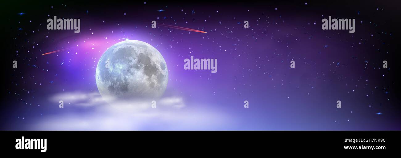 Beautiful wide picture of space with full moon hidden behind the clouds ...