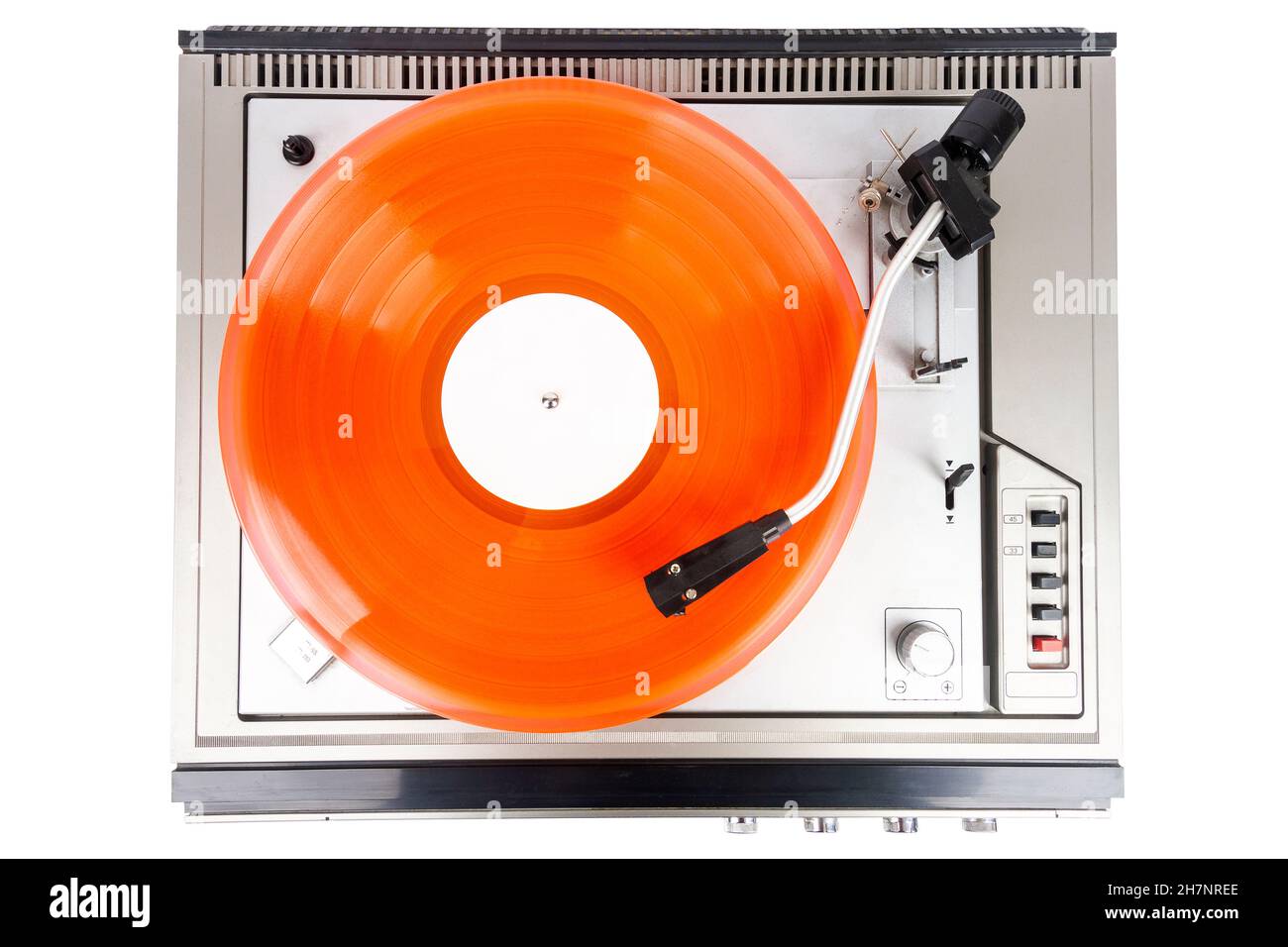 Vintage turntable record player with red vinyl isolated on white ...