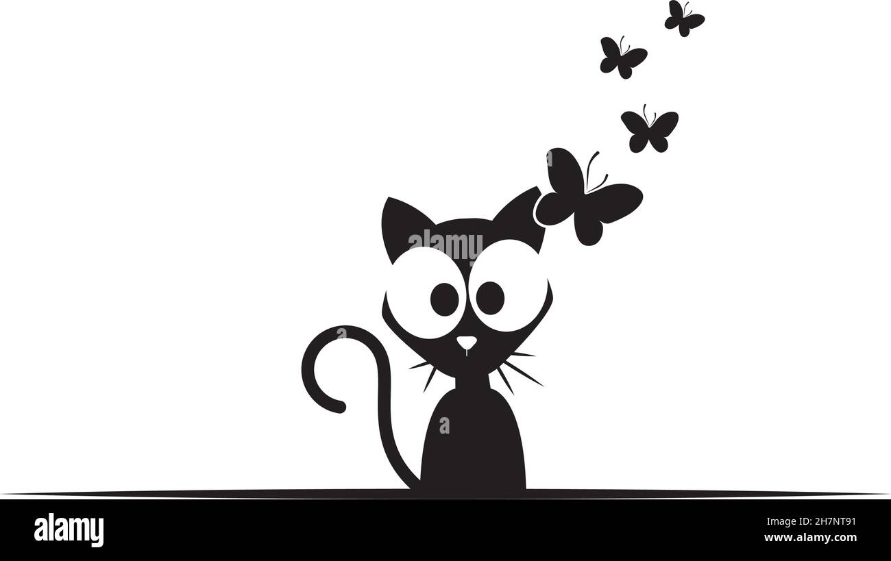 Funny cat silhouette cartoon illustration and butterflies, vector. Cute ...