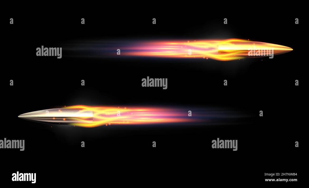 Vector realistic bullet. Flying bullet with a fiery trace. Shiny rifle ...