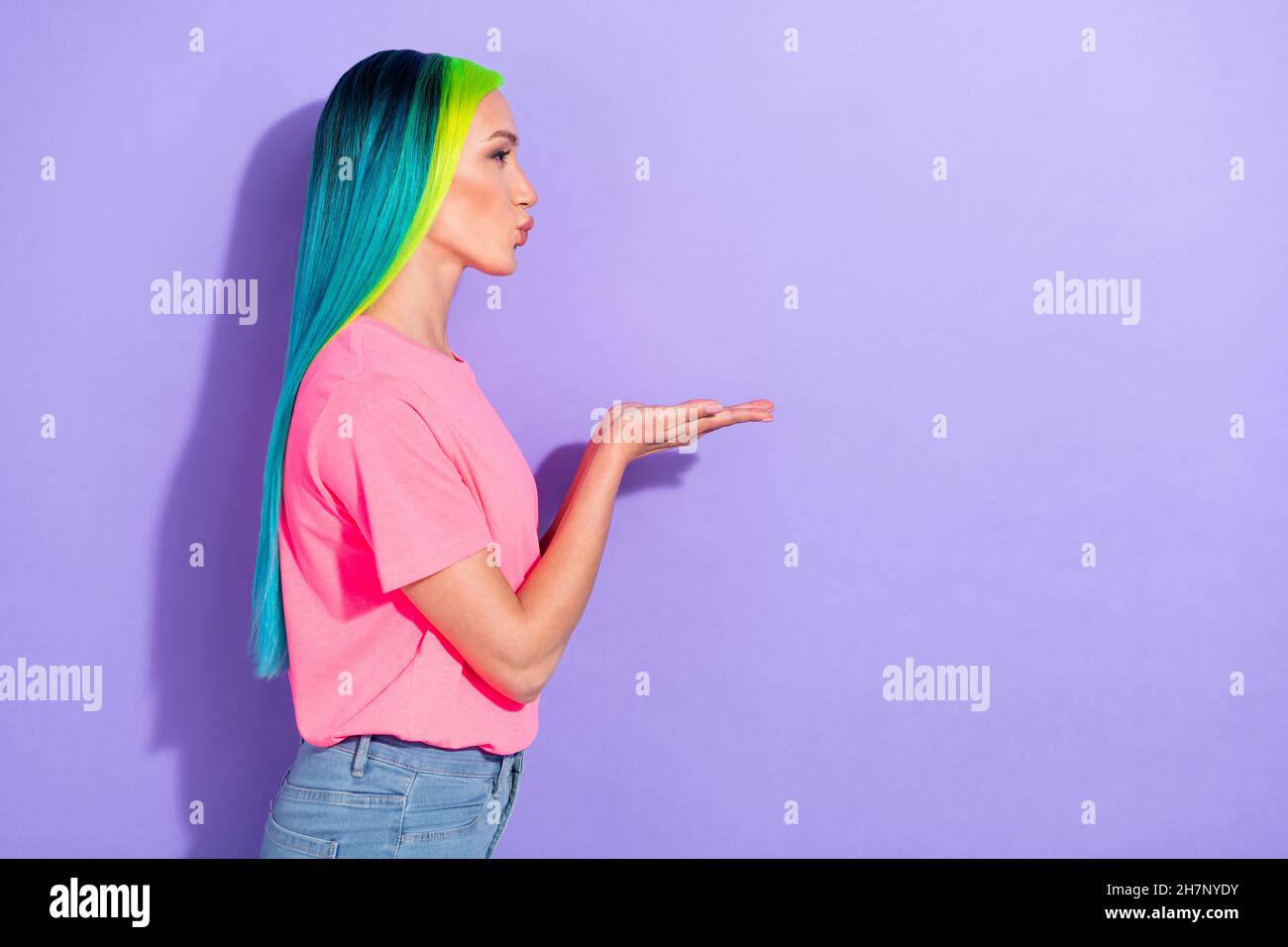 Profile side photo of lady different colors hairdo send hand air kiss ...