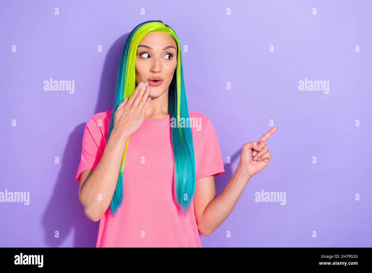 Photo of excited yellow shine haired lady point finger empty space ...