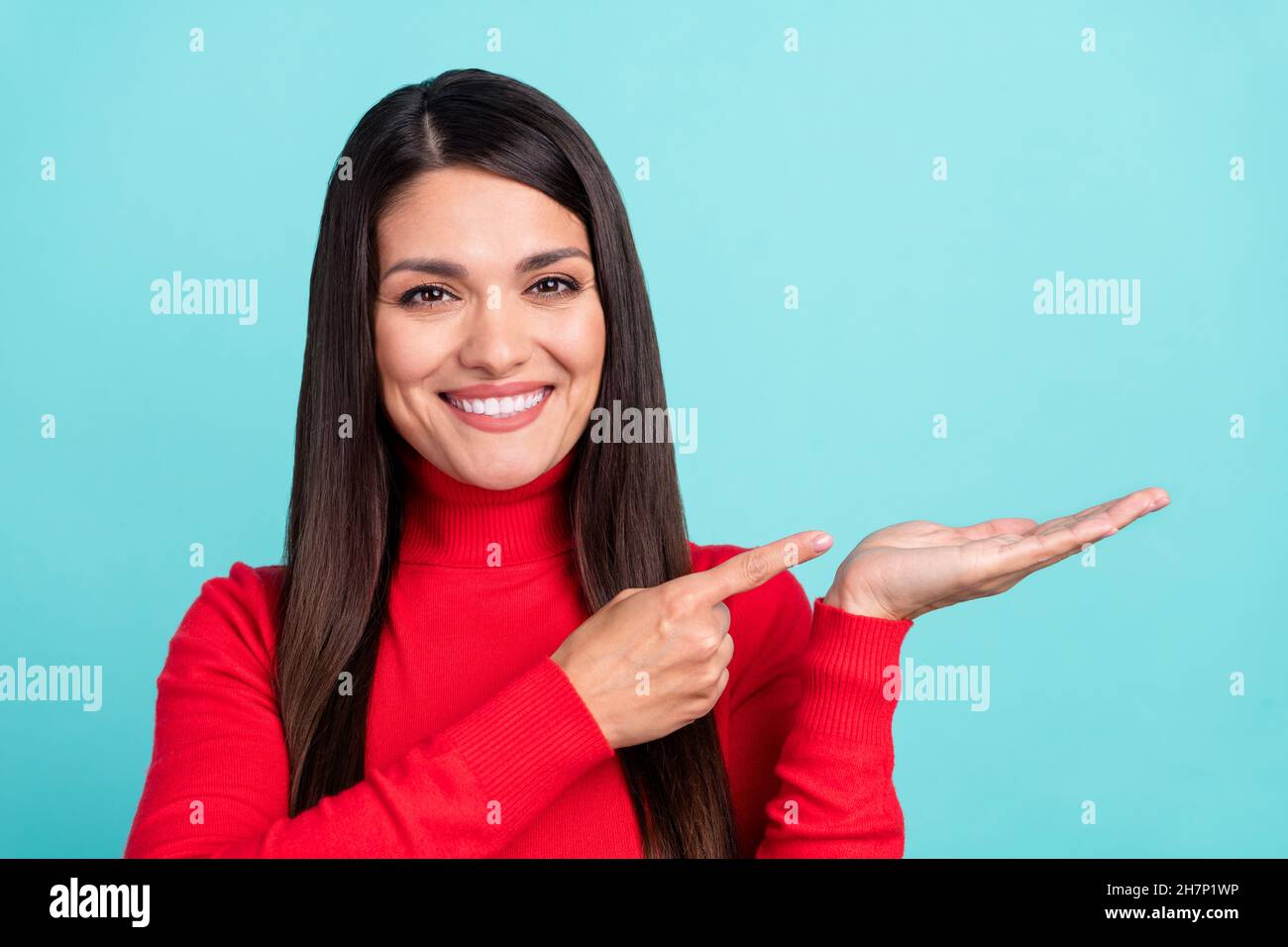 Photo of adorable shiny mature woman wear red sweater pointing finger ...