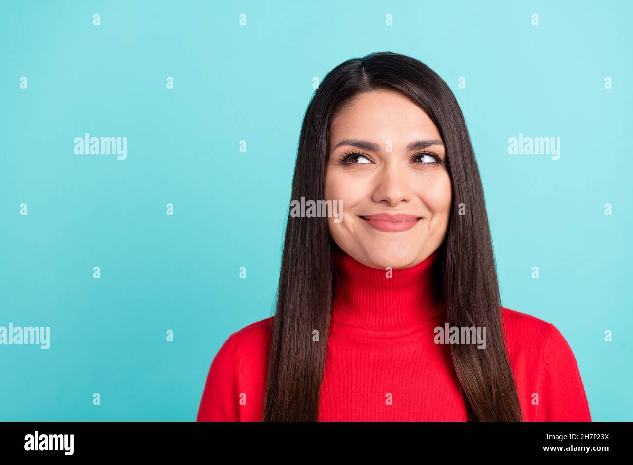 Photo of shiny dreamy mature woman wear red sweater looking empty space ...