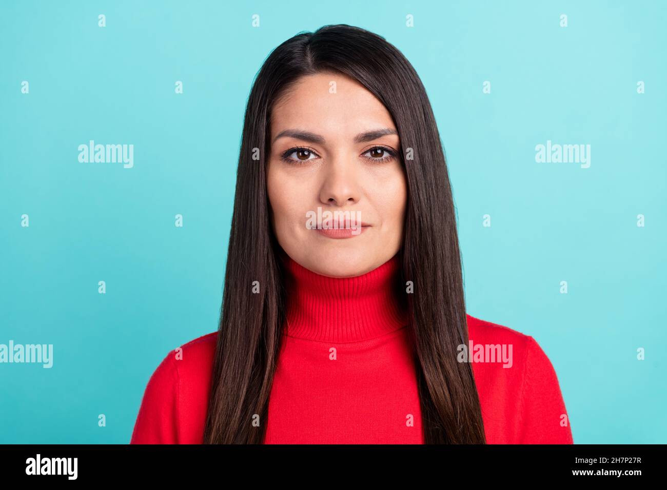 Photo of serious confident mature woman wear red sweater isolated ...
