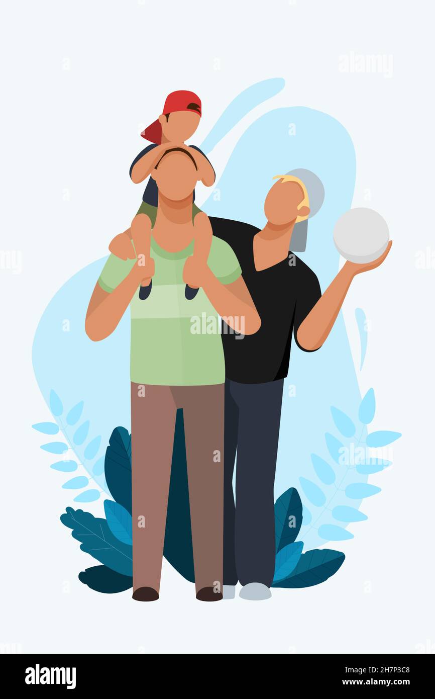 On the shoulders of a young father sits a son.Next to him stands a ...
