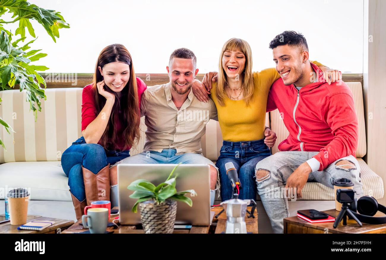 group of friends video call on live streaming on social media using a ...