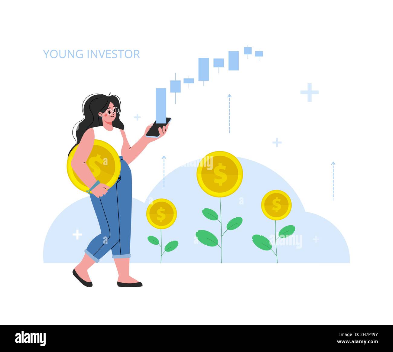 The woman invest in stock market, income money, rising rate, profit ...