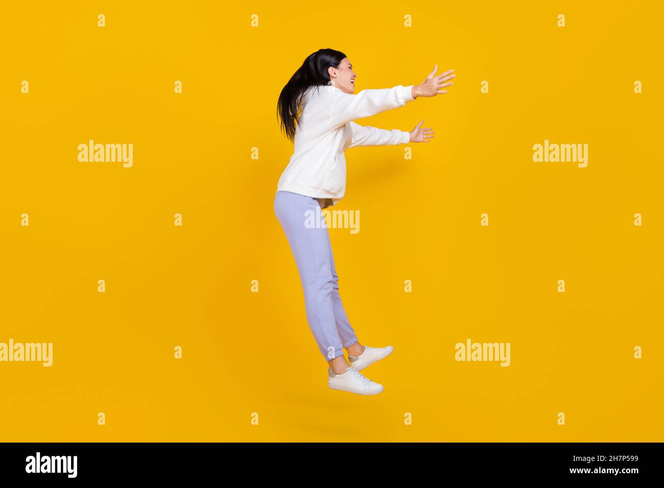 Full body profile side photo of excited lady jump hug empty space meet ...
