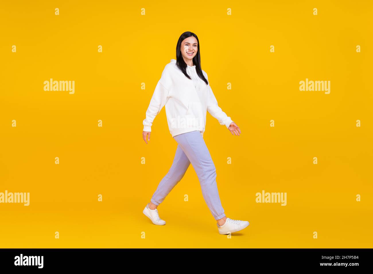 Full length photo of positive lady youngster step fall millennial good ...