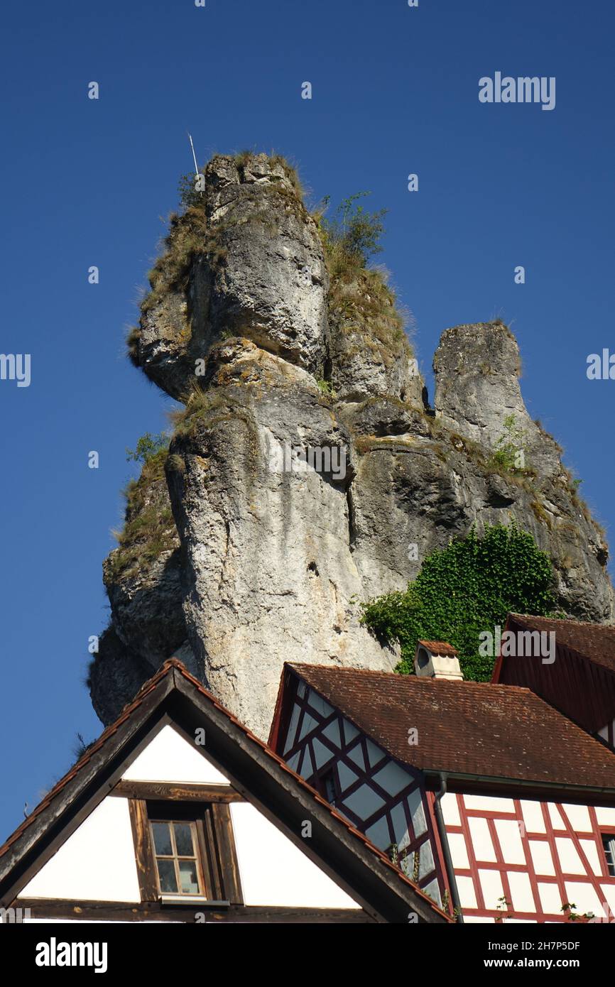 Famous rocks with lookout point Fahnenstein over traditional German ...