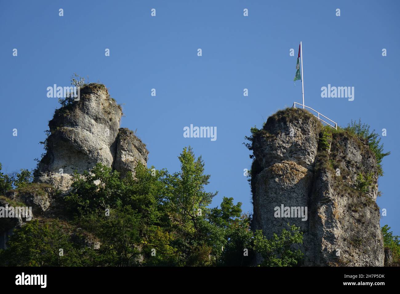 Famous rocks with lookout point Fahnenstein with flag pole on top ...