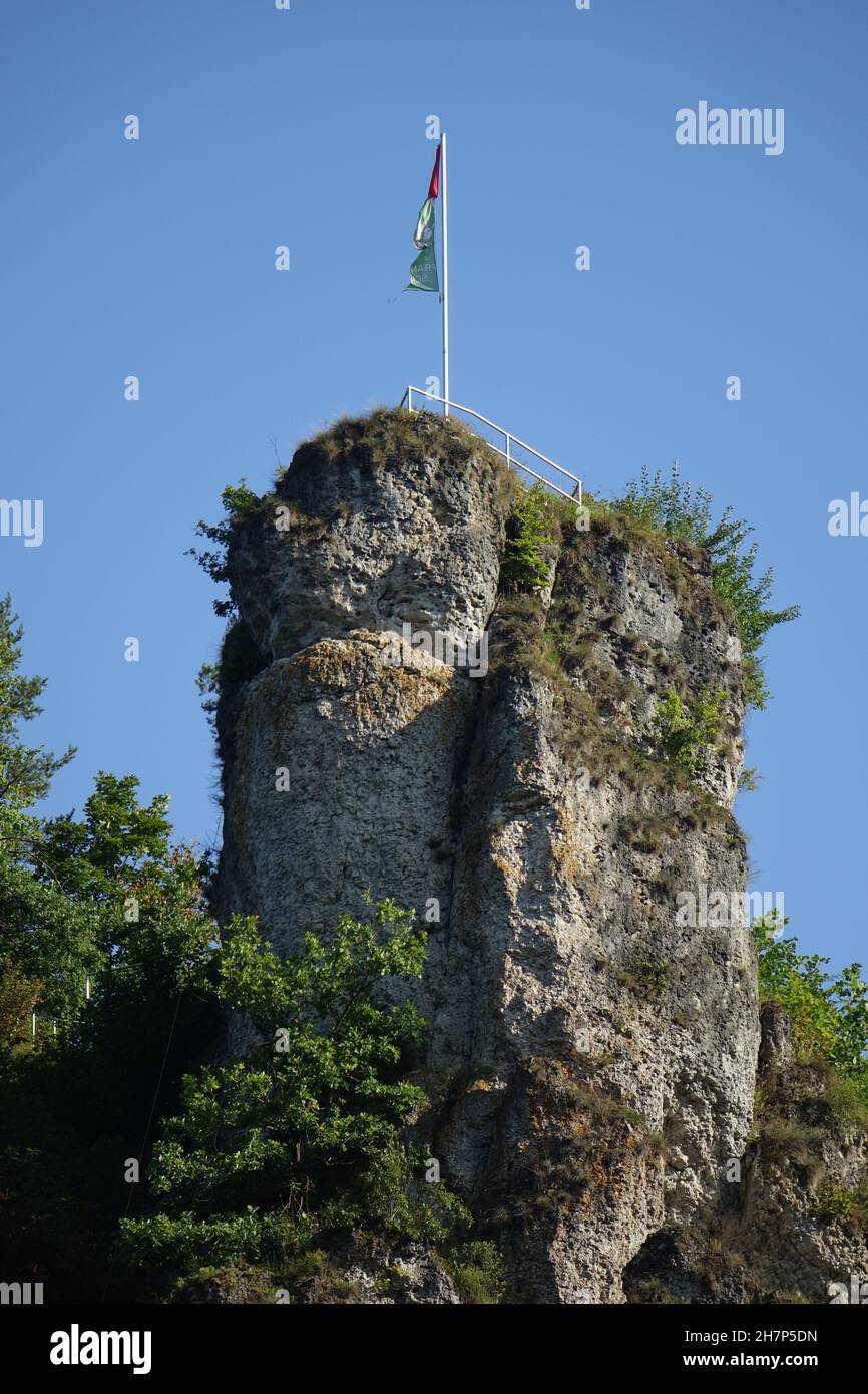 Famous rocks with lookout point Fahnenstein with flag pole on top ...