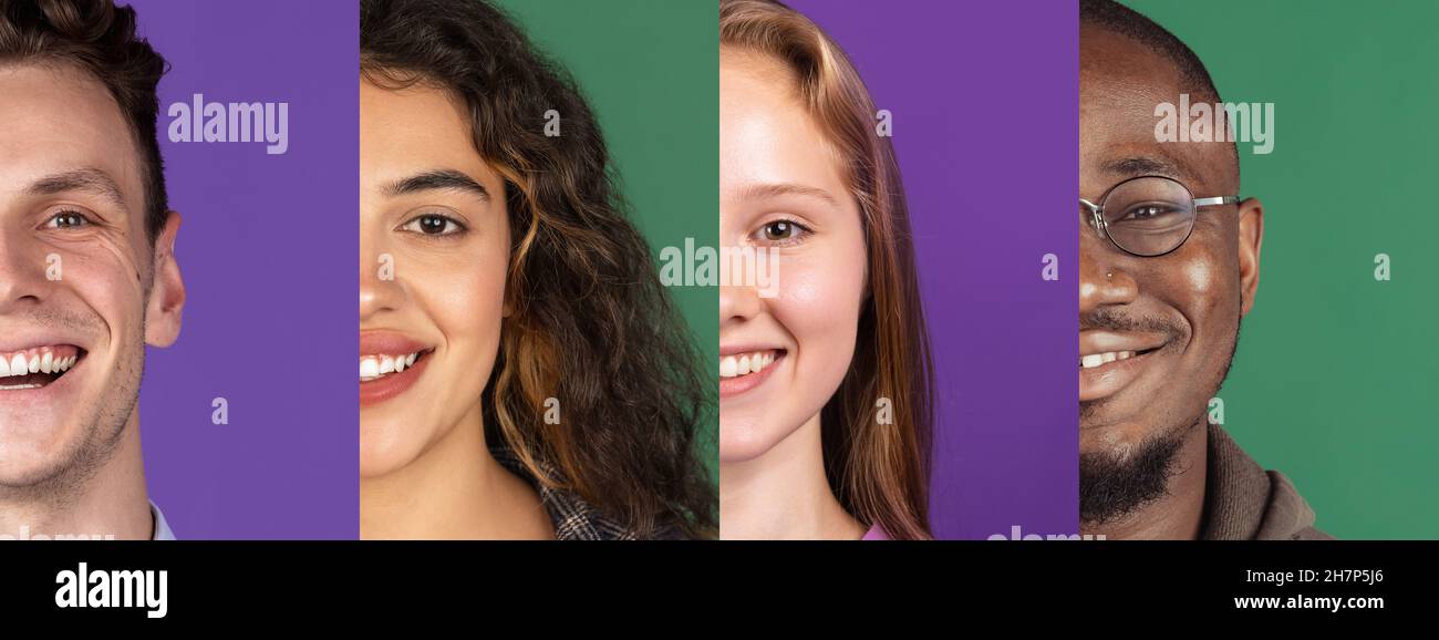 Photo set of cropped portraits of group of multi ethnic people on ...