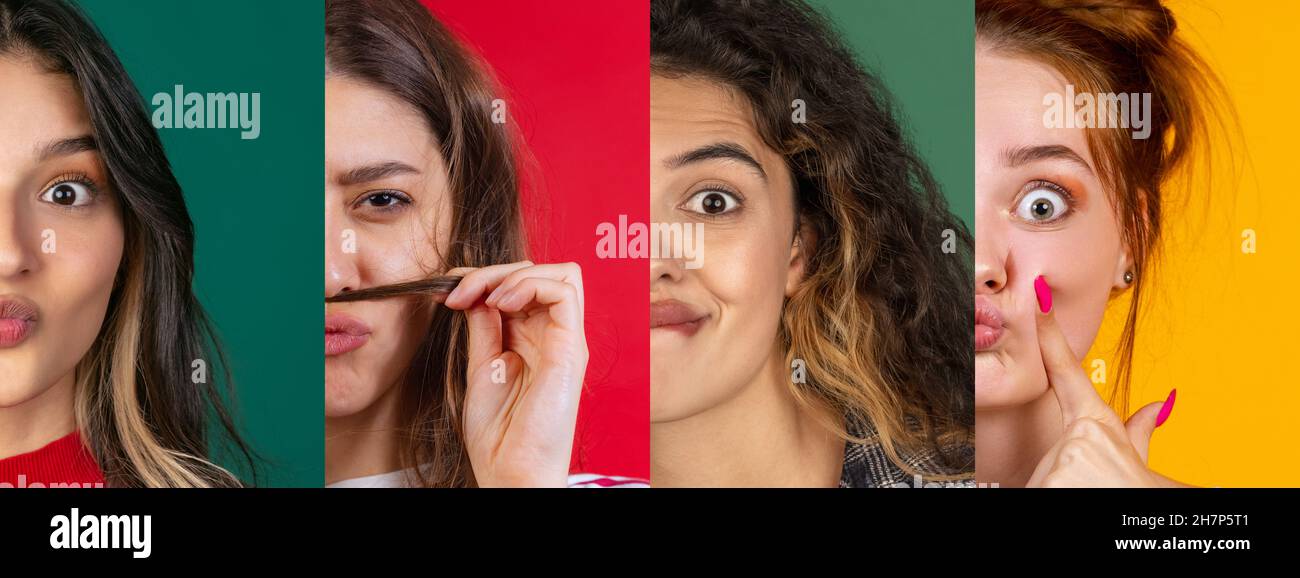 Photo set of cropped portraits of group of multi ethnic people on ...
