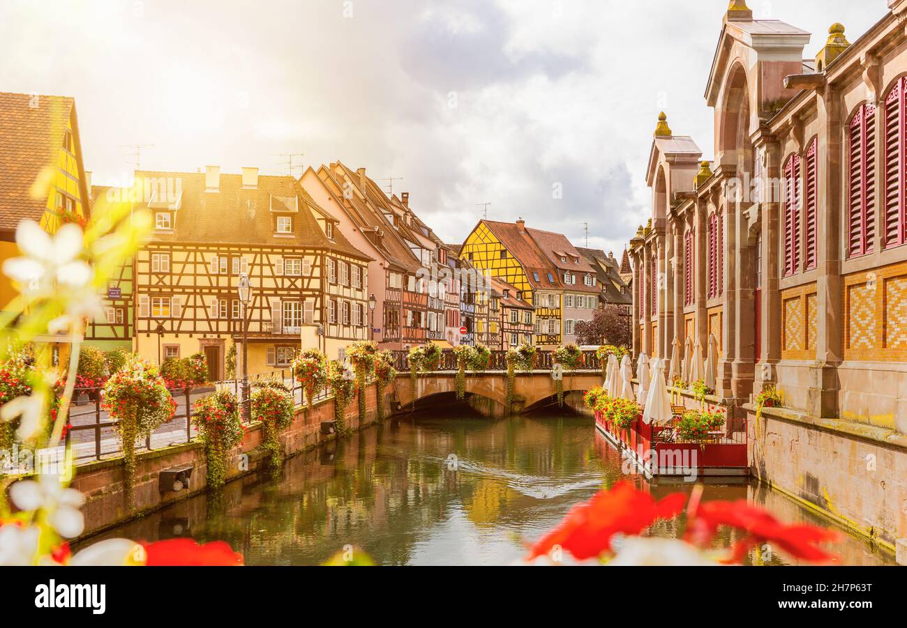 Beautiful view of Colmar city with flowers in water canal and ...