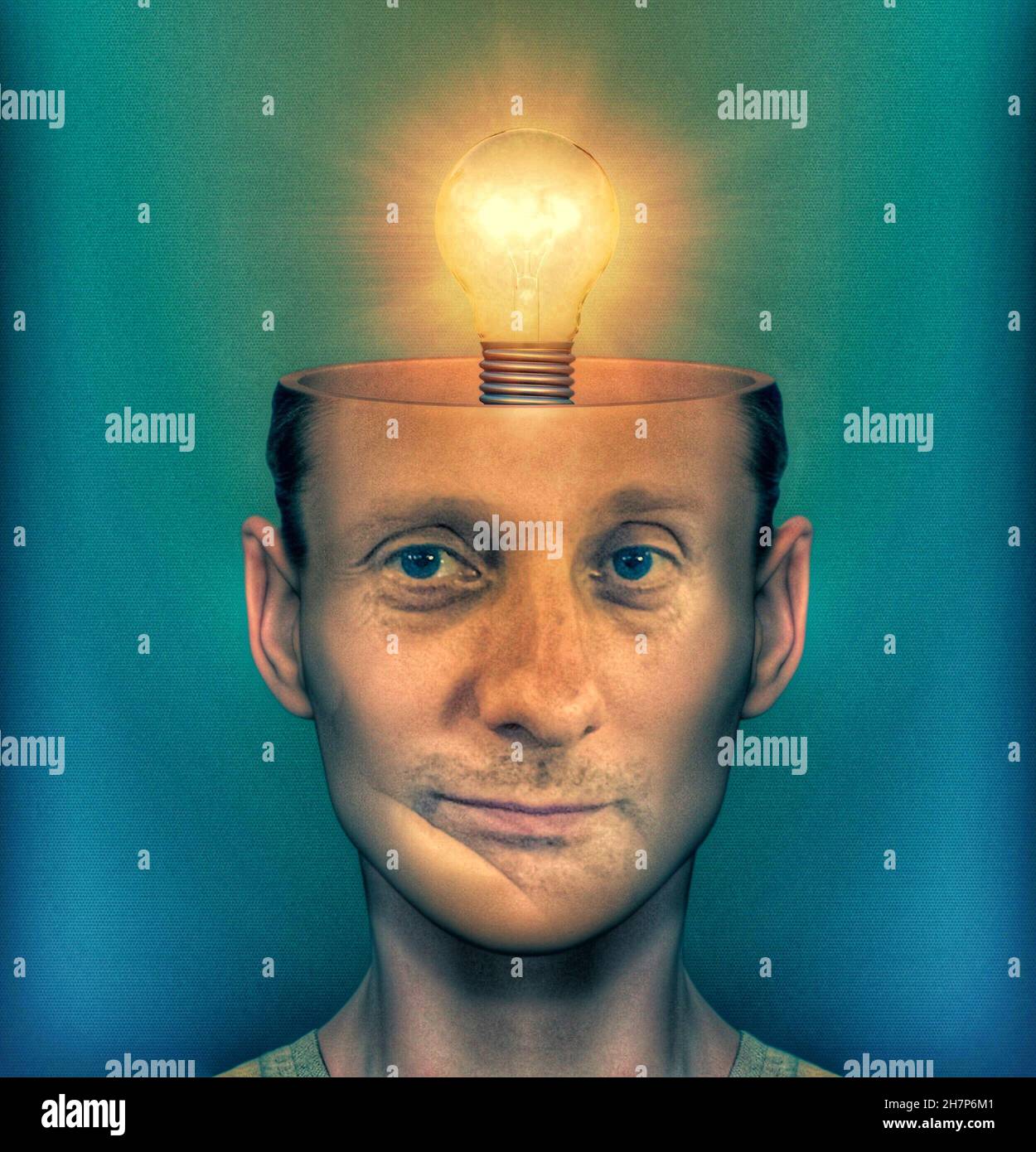 Realistic illustration of a Hispanic guy with a light bulb in his head ...