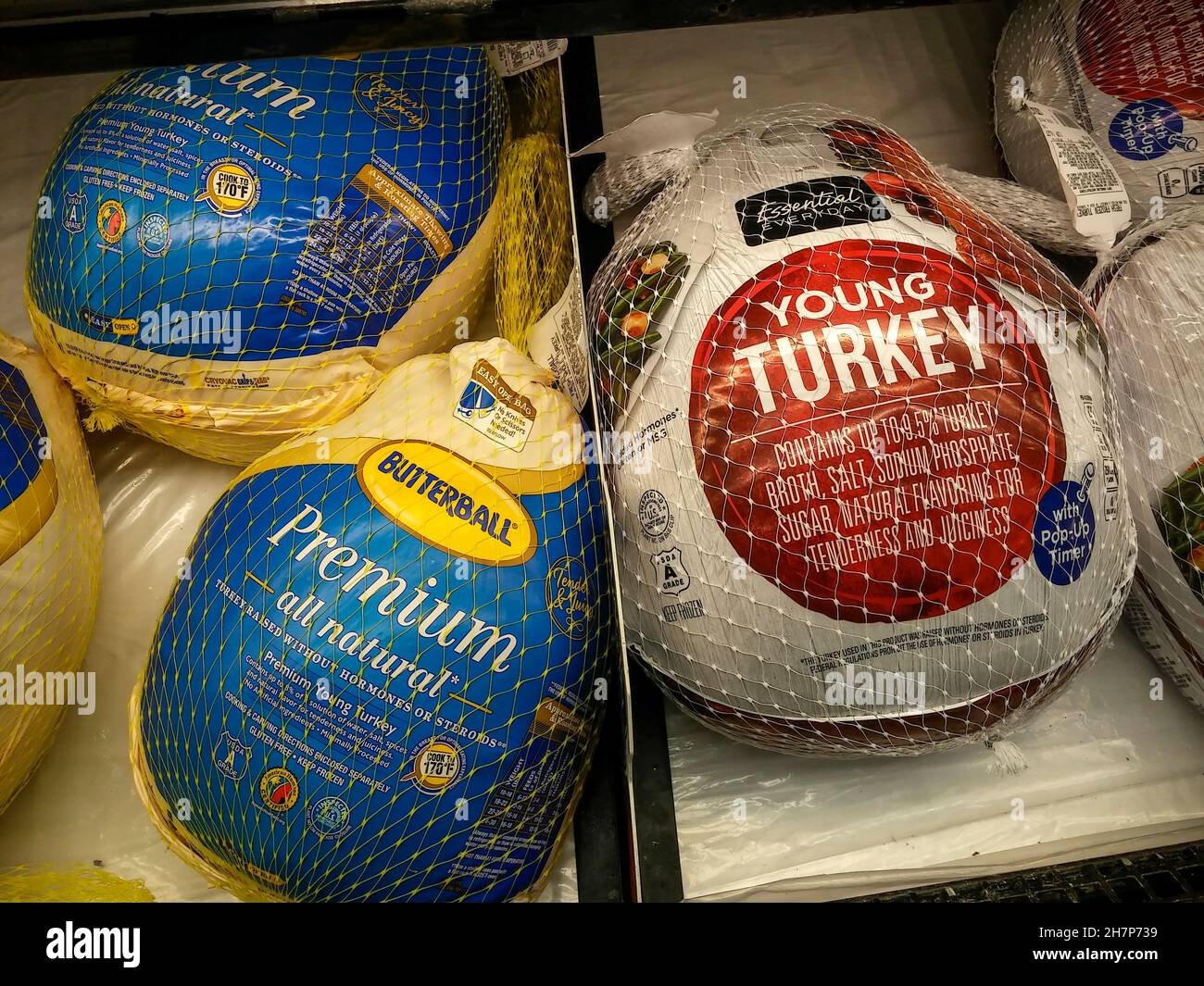 Frozen turkeys for sale in a supermarket in New York on Saturday ...