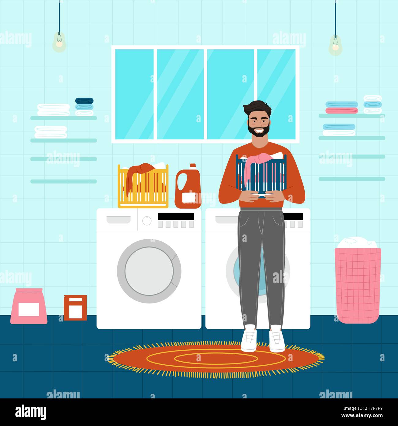Happy Man laundry. Man to wash. Vector illustration in flat cartoon ...
