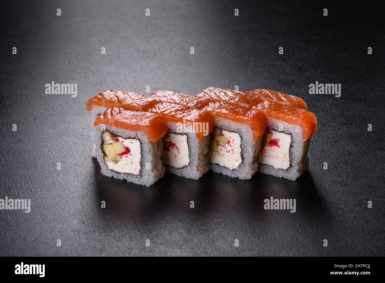Sushi roll sushi with prawn, avocado, cream cheese, sesame. Sushi menu ...