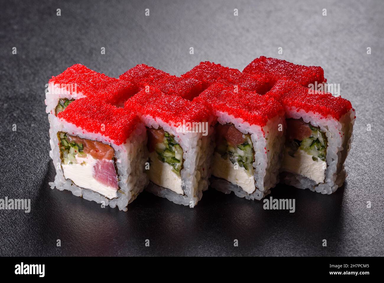 Sushi roll sushi with prawn, avocado, cream cheese, sesame. Sushi menu ...