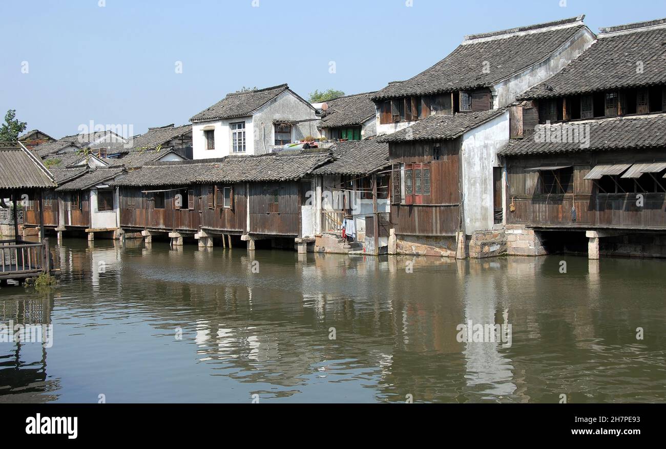 Wuzhen Water Town, Zhejiang Province, China. Traditional wooden houses ...