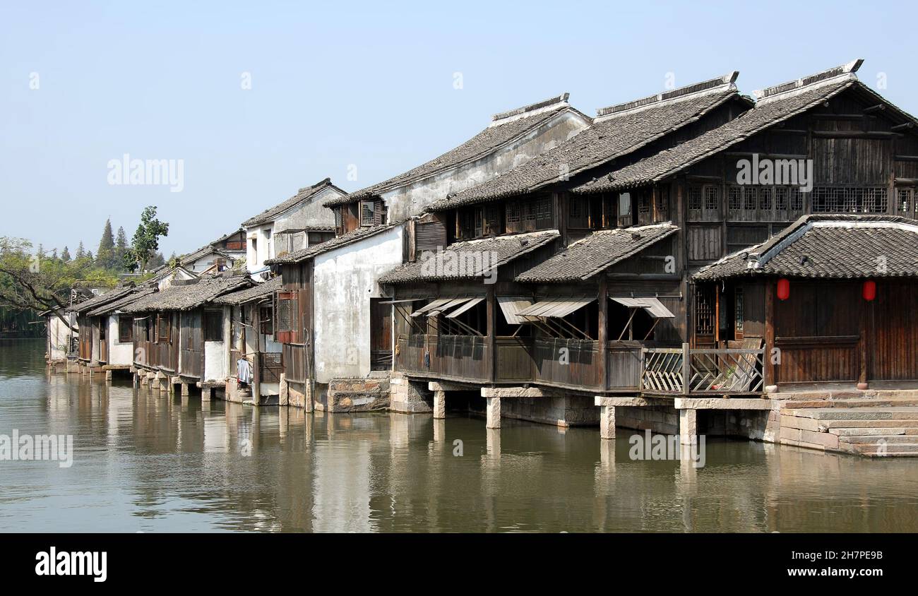 Wuzhen Water Town, Zhejiang Province, China. Traditional wooden houses ...