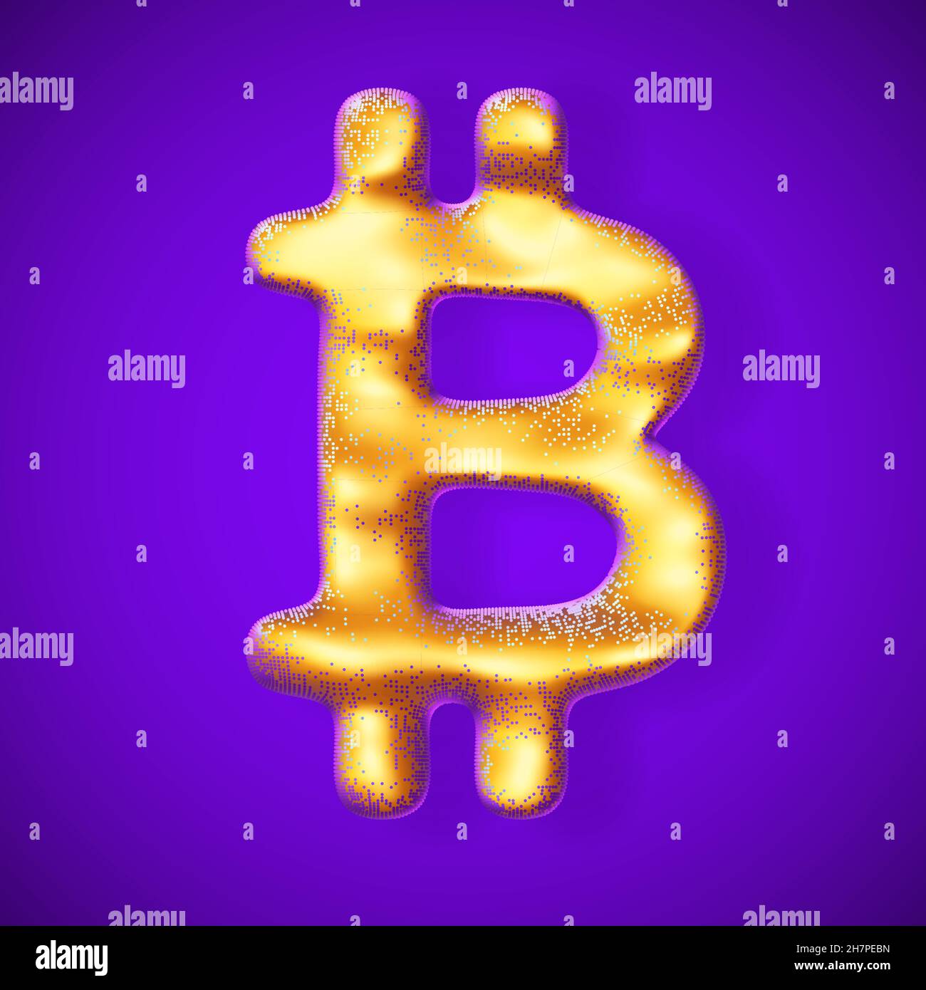 Golden 3D Bitcoin logo with pixels on surface on blue background Stock ...
