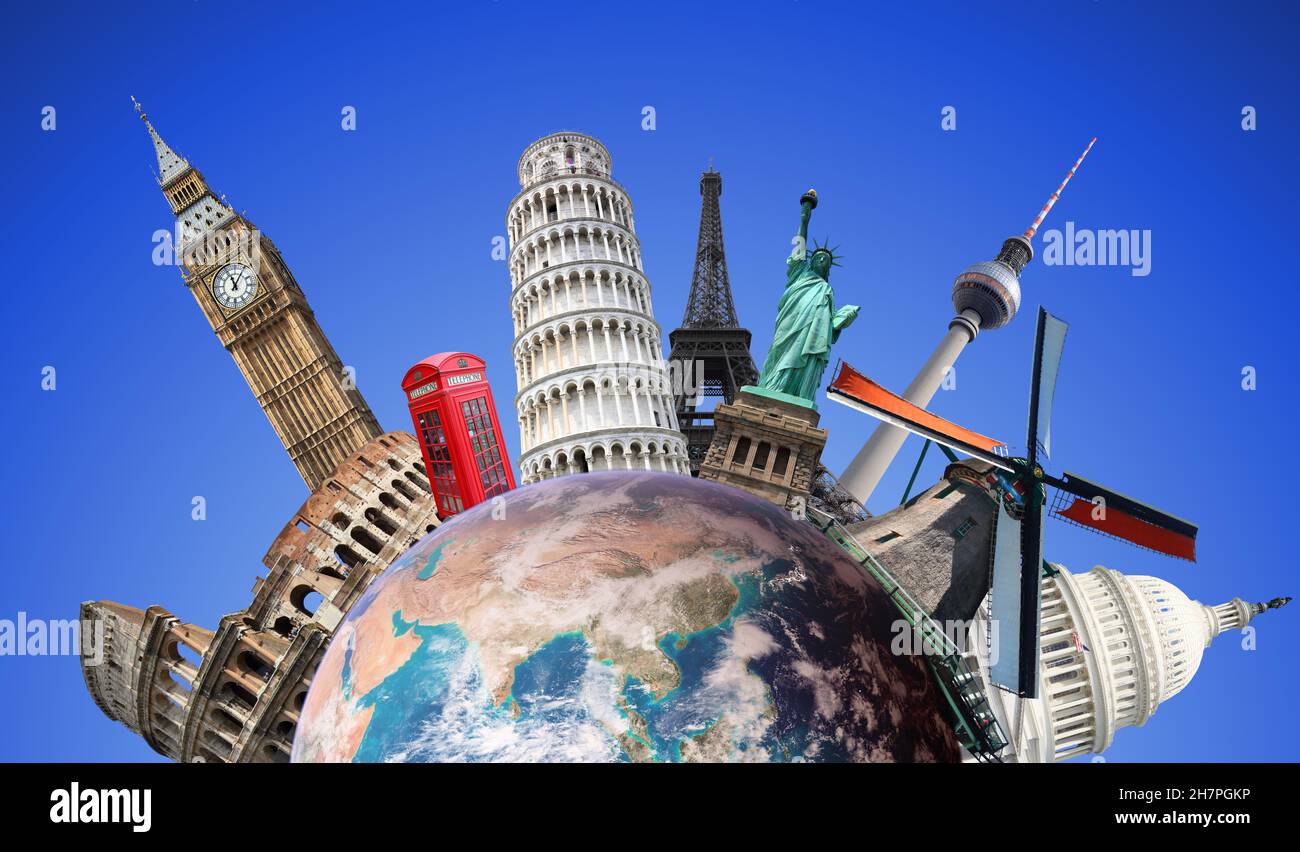 Planet Earth travel. Beautiful landmarks of the world together on the ...