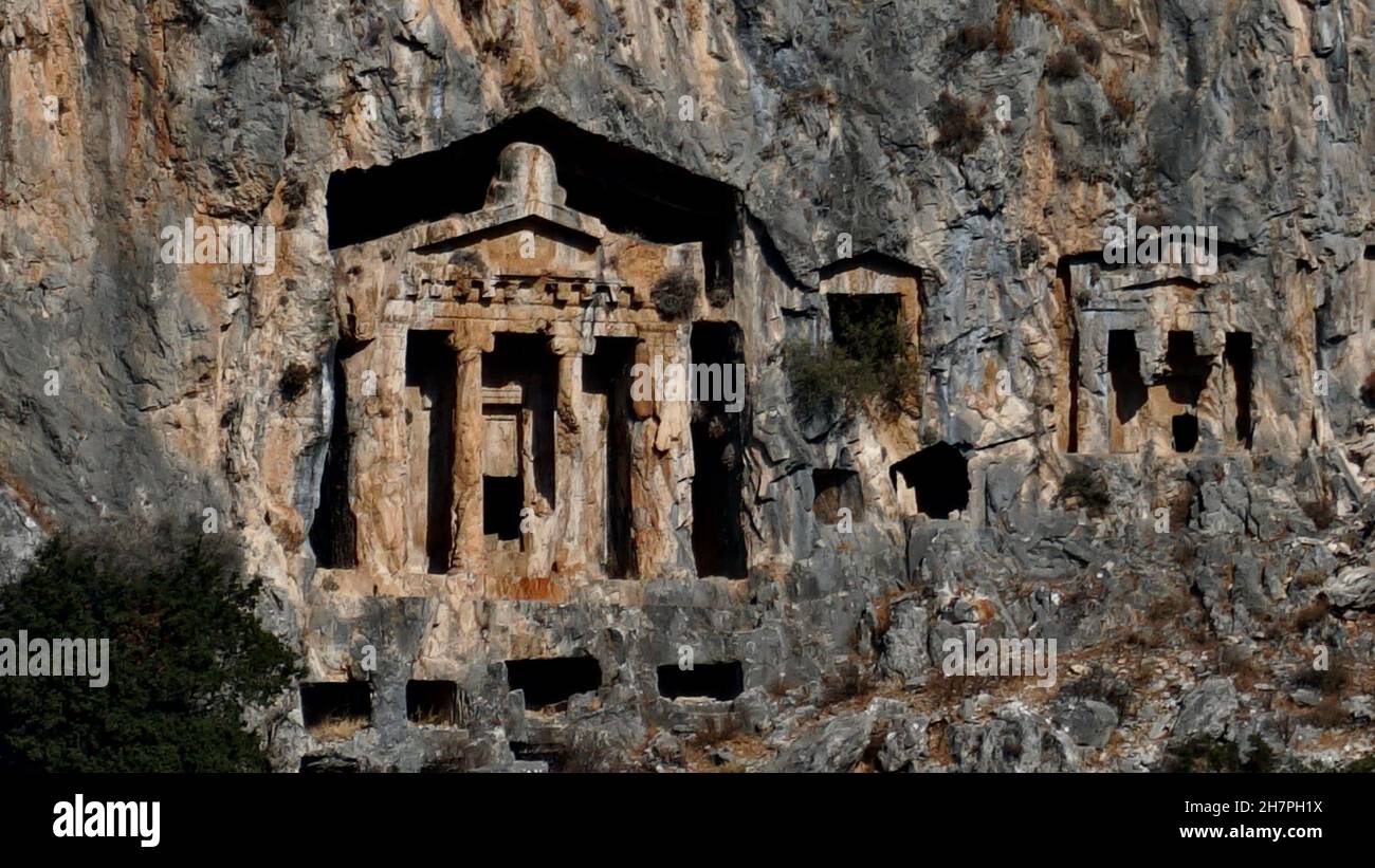 King rock tombs in the ancient city of Kaunos. Dalyan near Iztuzu beach ...