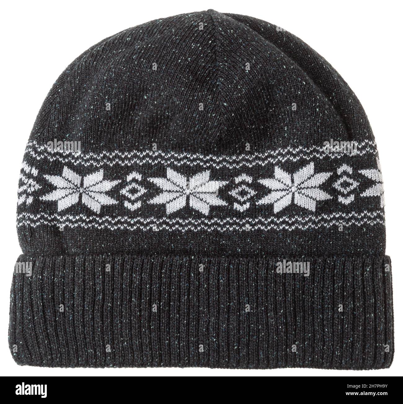 Dark grey knit winter beanie hat decorated with nordic geometric ...