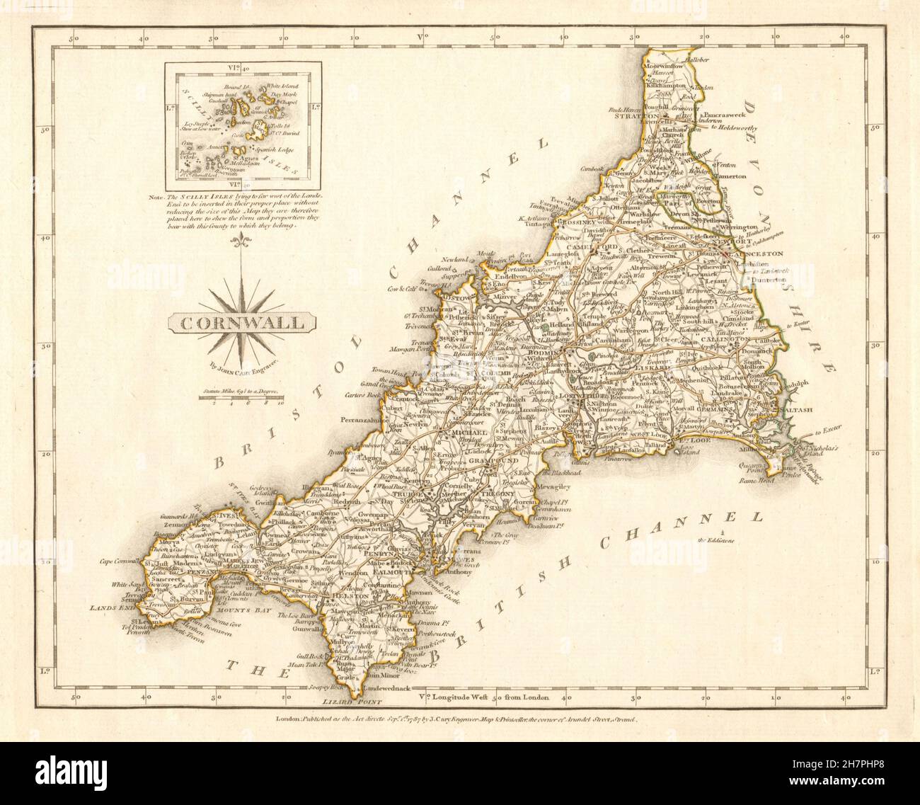 Antique county map of CORNWALL by JOHN CARY. Original outline colour ...