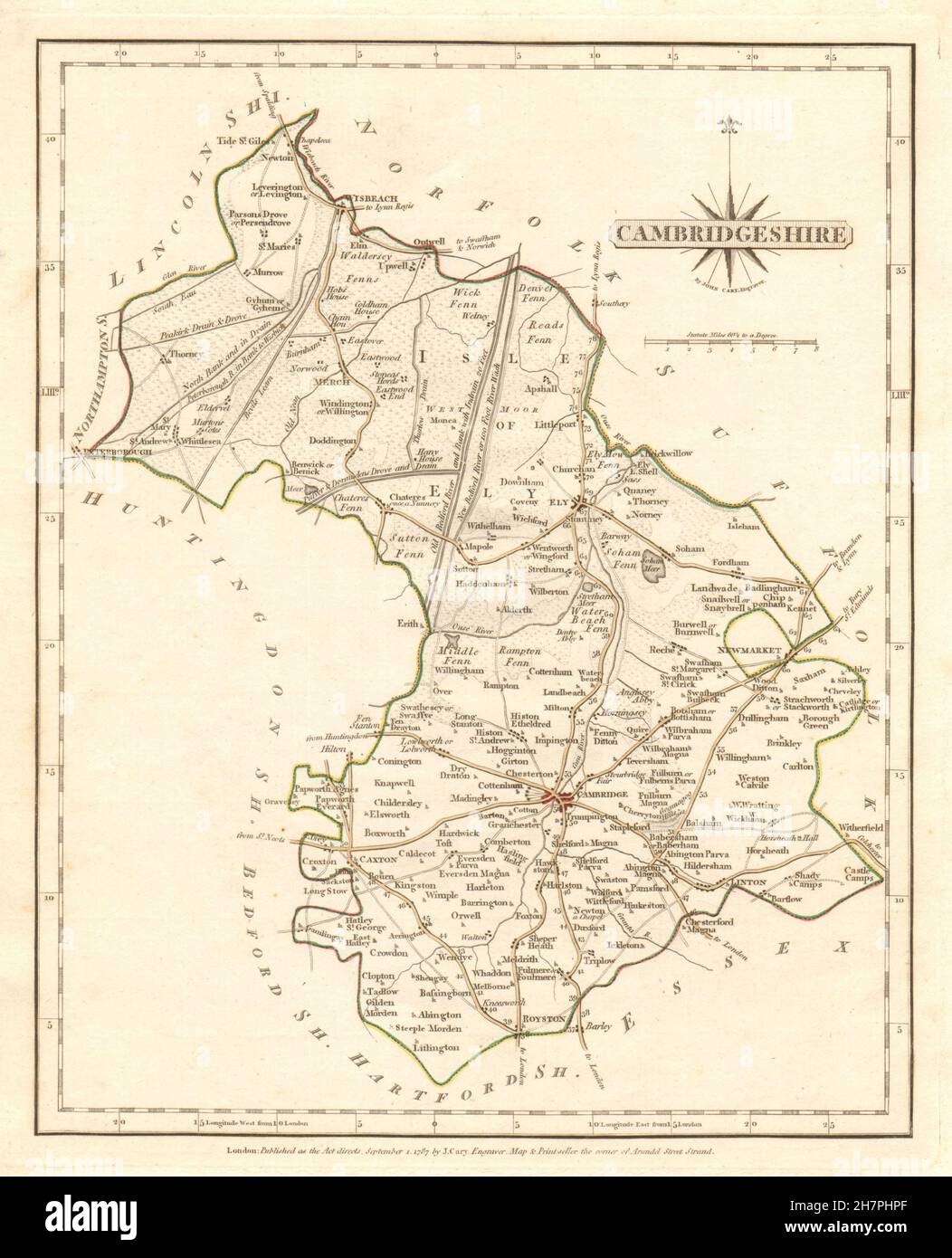Antique county map of CAMBRIDGESHIRE by JOHN CARY. Original outline ...