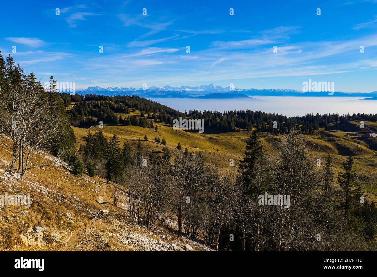 On the Sentes de la Dole from La Rippe, Jura mountains, Switzerland, in ...
