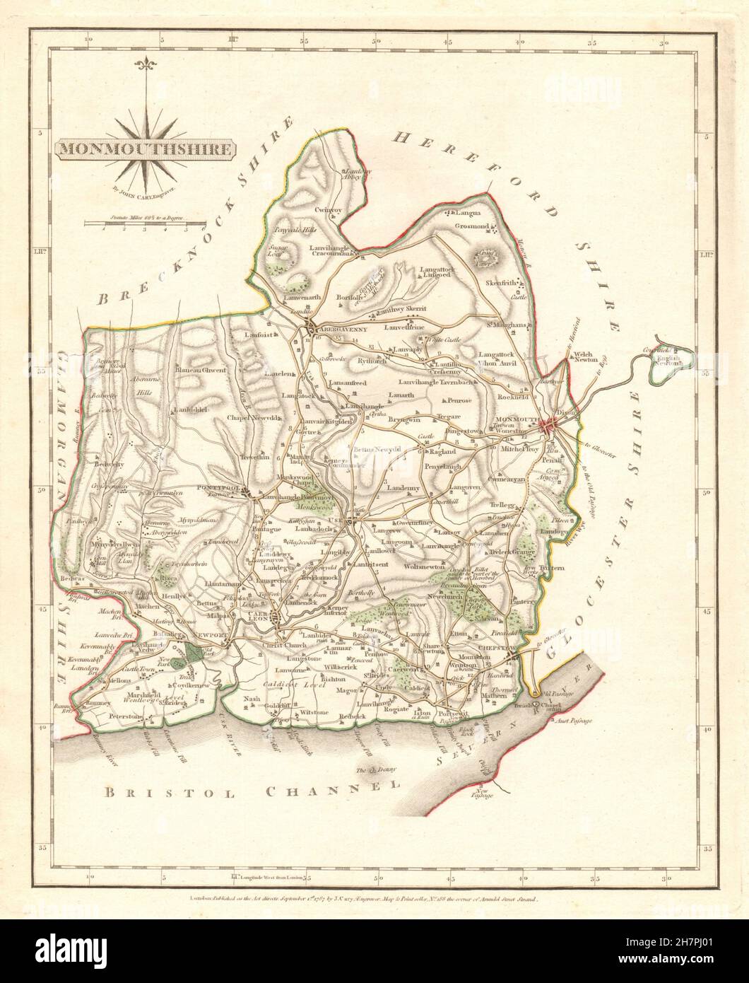 Antique county map of MONMOUTHSHIRE by JOHN CARY. Original outline ...