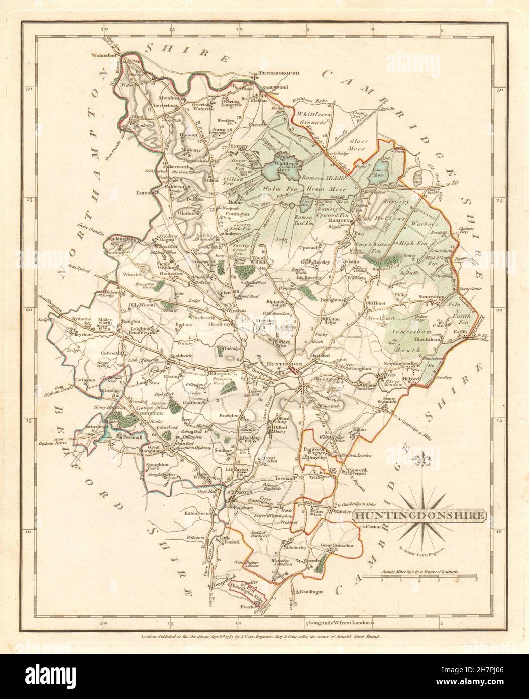 Antique county map of HUNTINGDONSHIRE by JOHN CARY. Original outline ...