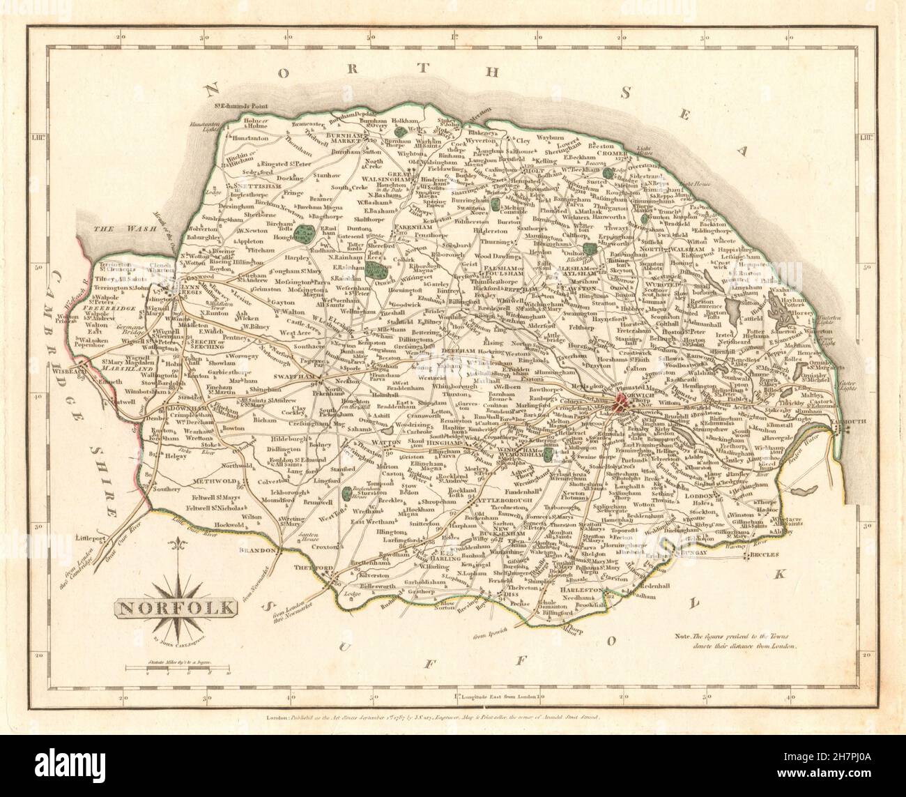 Antique county map of NORFOLK by JOHN CARY. Original outline colour ...